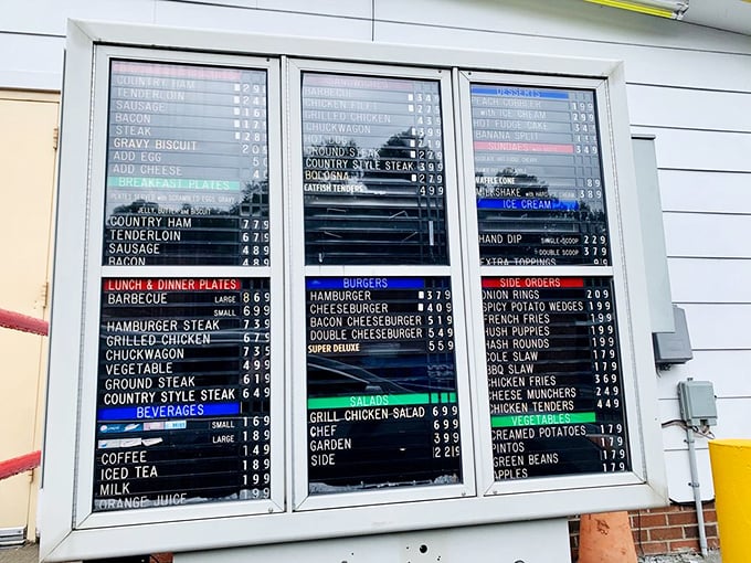 The menu board tells a story of Southern comfort – no fancy descriptions needed when the food speaks this eloquently.