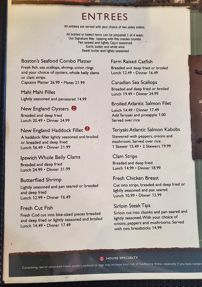 This menu isn't just a list—it's a maritime treasure map where X marks the spot for those legendary Ipswich whole belly clams.