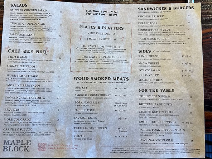 A menu that reads like barbecue poetry – each section promising smoky delights that would make even the most dedicated health enthusiast temporarily abandon their kale smoothie.