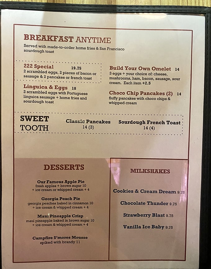 This menu isn't just a list of food—it's a roadmap to happiness. Linguiça and eggs at 2 AM? Now that's living!