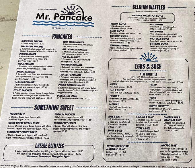 This menu isn't just a list of options—it's a roadmap to happiness with more pancake variations than there are excuses to skip Monday morning meetings.