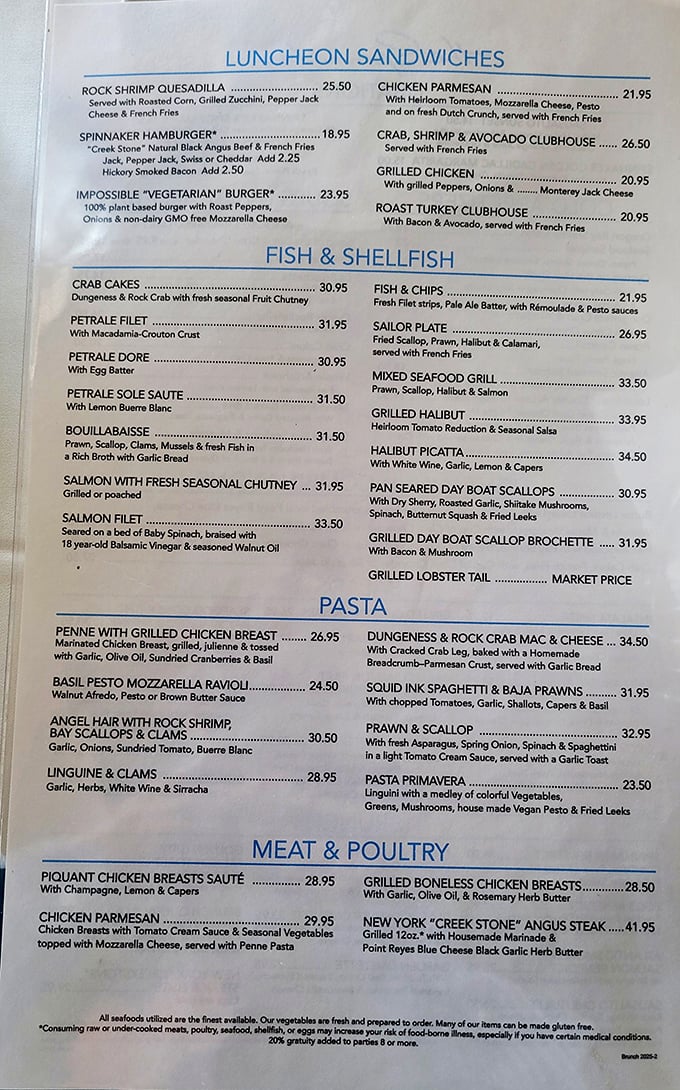 This menu isn't trying to impress you with fancy fonts or pretentious descriptions – it's too busy planning how to deliver seafood that was swimming this morning.