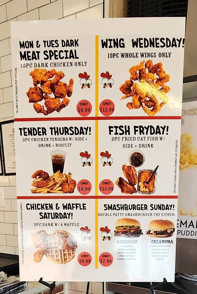 The daily specials board reads like a love letter to fried food enthusiasts—each day bringing its own crispy celebration.