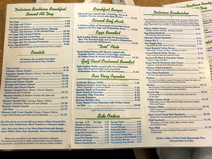A menu that doesn't mess around—when it says "Diet Plate," it's winking at you while piling on biscuits, sausage, and gravy. 