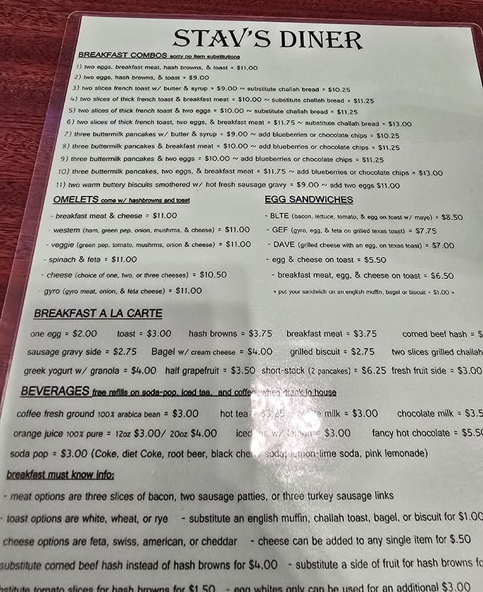 The menu—a laminated masterpiece of breakfast possibilities. No QR codes, no pretension, just the roadmap to your morning happiness.
