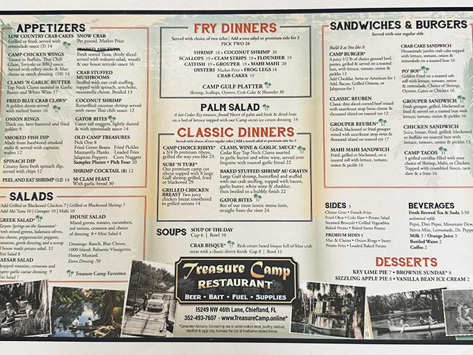 This menu isn't just a list of food—it's a treasure map to Florida's coastal bounty, with X marking every delicious spot.