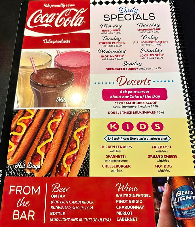 The menu reads like a love letter to American classics—daily specials that make you wish there were eight days in a week.