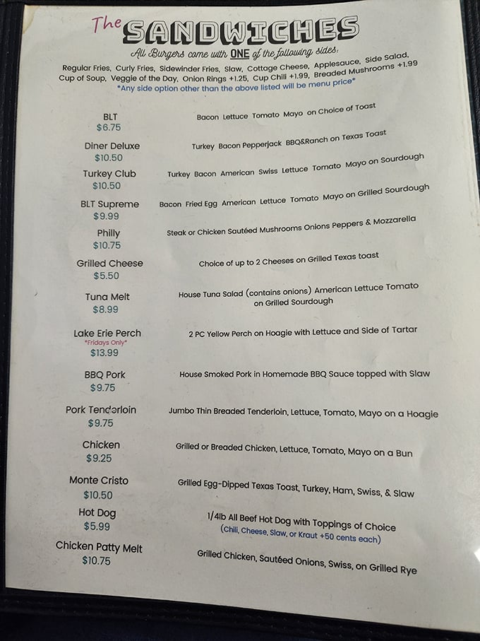 The sandwich menu reads like a love letter to comfort food classics – from the humble BLT to the Friday-only Lake Erie Perch special.