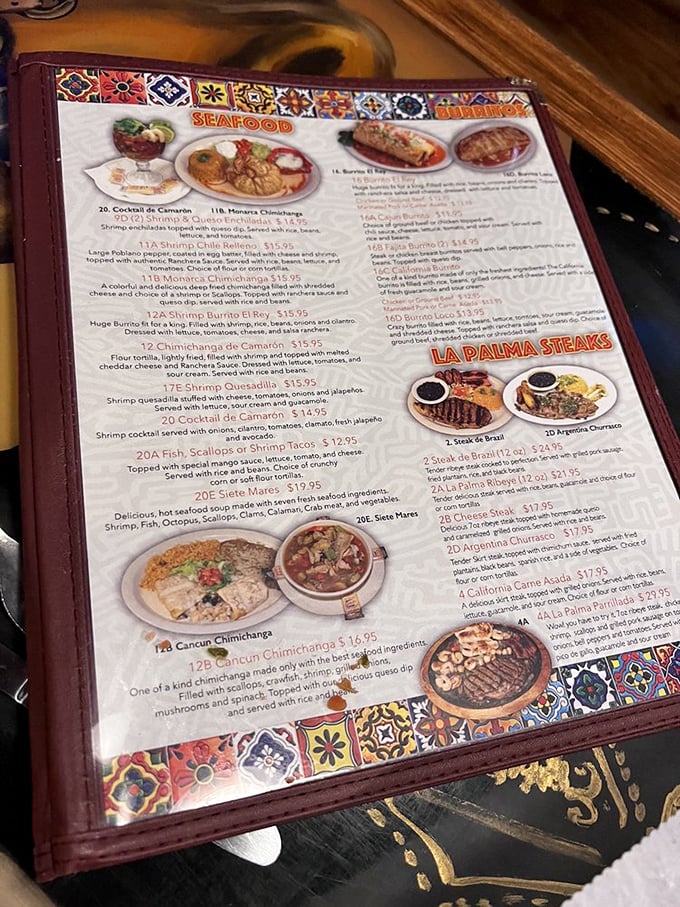 The menu reads like a love letter to seafood lovers—that Cancun Chimichanga with scallops and crab might just change your life.