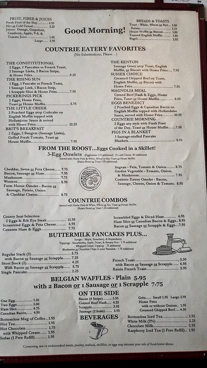 A menu that reads like a love letter to breakfast classics. No QR codes here—just honest food with names that celebrate Delaware heritage.