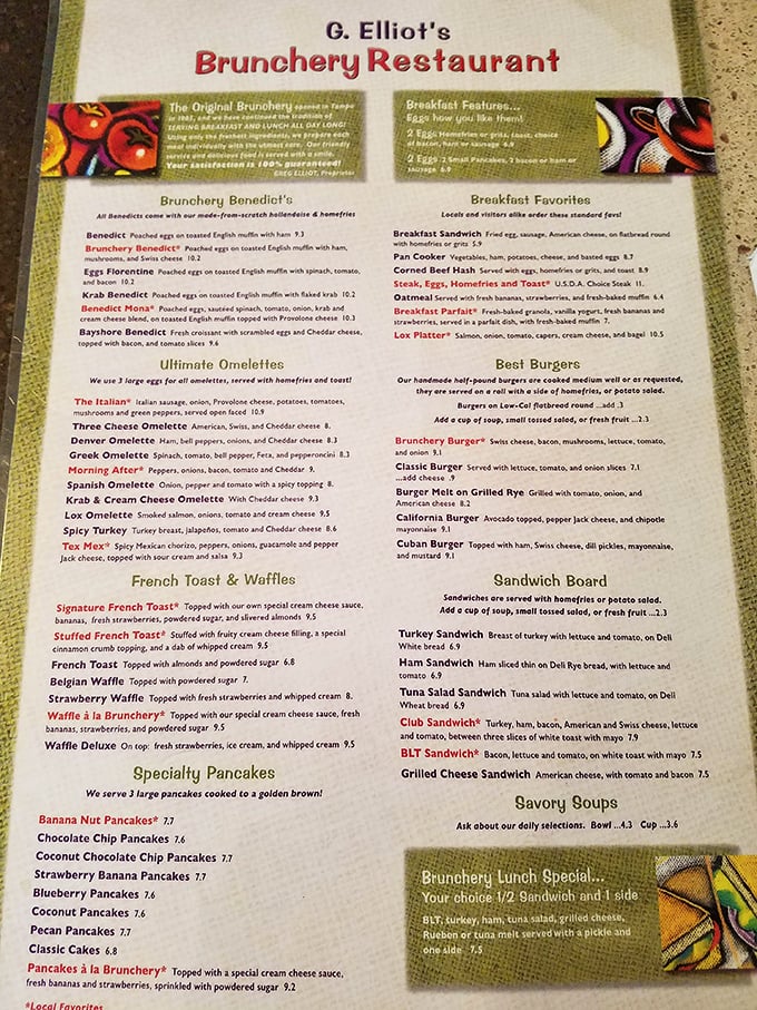 This menu isn't just a list—it's a roadmap to breakfast nirvana with enough benedict options to make Benedict Arnold switch sides.