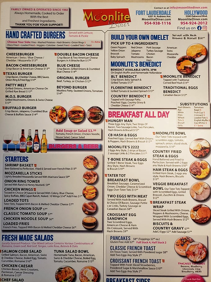 A menu that requires both reading glasses and a strategy session—breakfast all day is less a feature and more a philosophical stance.
