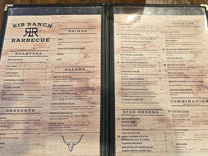 The menu reads like a love letter to carnivores – a wooden-bound manifesto promising smoky delights that'll have you planning your next visit before you've finished your first bite.