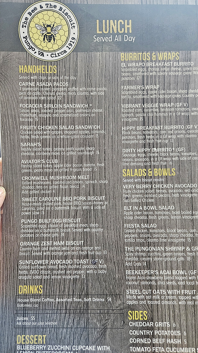 A menu that reads like poetry to hungry souls—where "Dirty Hippy Burritos" and "Sweet Caroline BBQ Pork Biscuits" aren't just food, they're edible love letters.