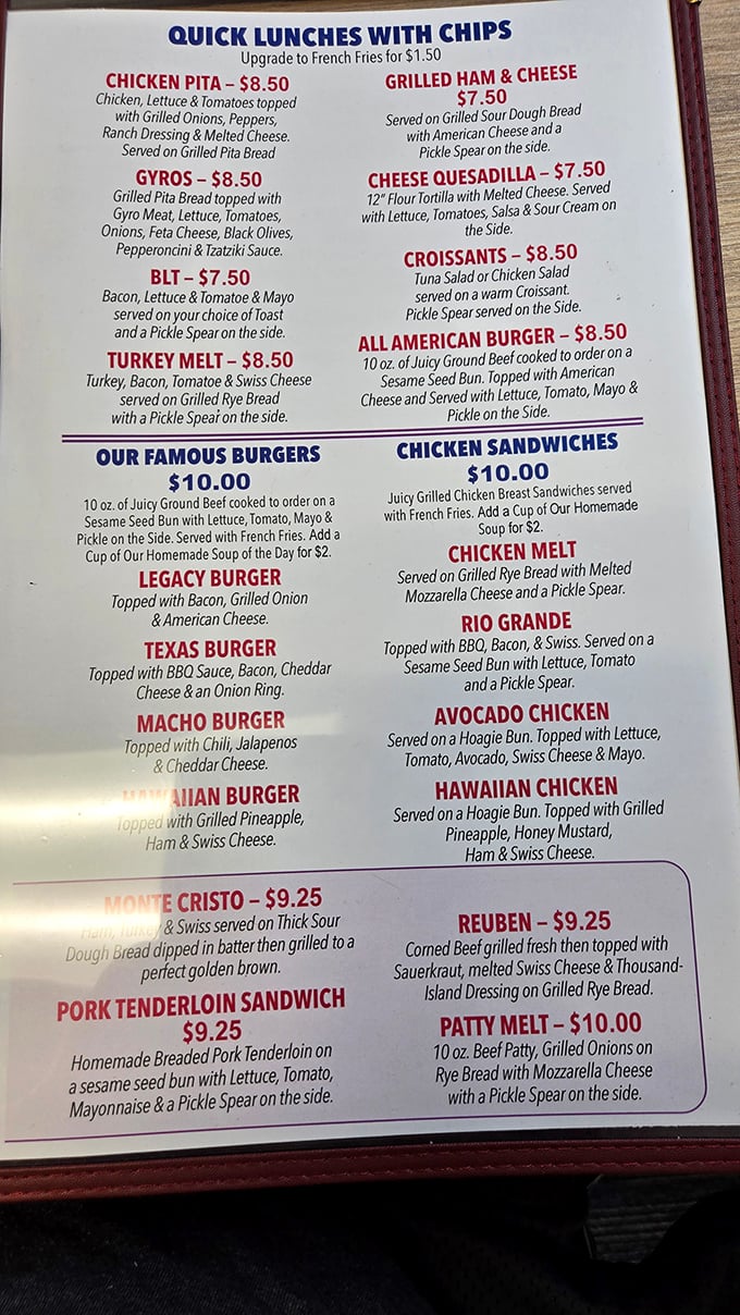 The menu reads like a love letter to American comfort food. Decisions, decisions—though you can't go wrong with anything that includes the word "famous."