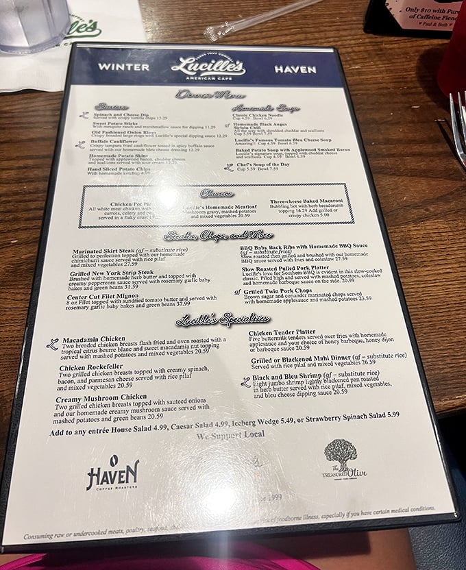 A menu that reads like a love letter to American classics—each description promising the kind of meal that makes you want to hug the chef.