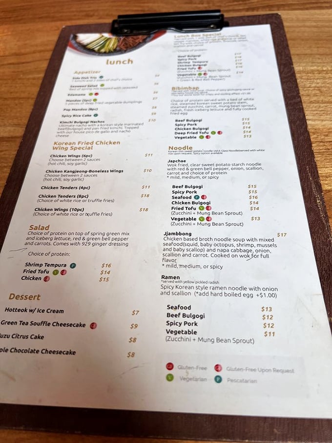 The menu reads like a love letter to Korean cuisine, with bibimbap, japchae, and fried chicken tempting even the most indecisive diners.