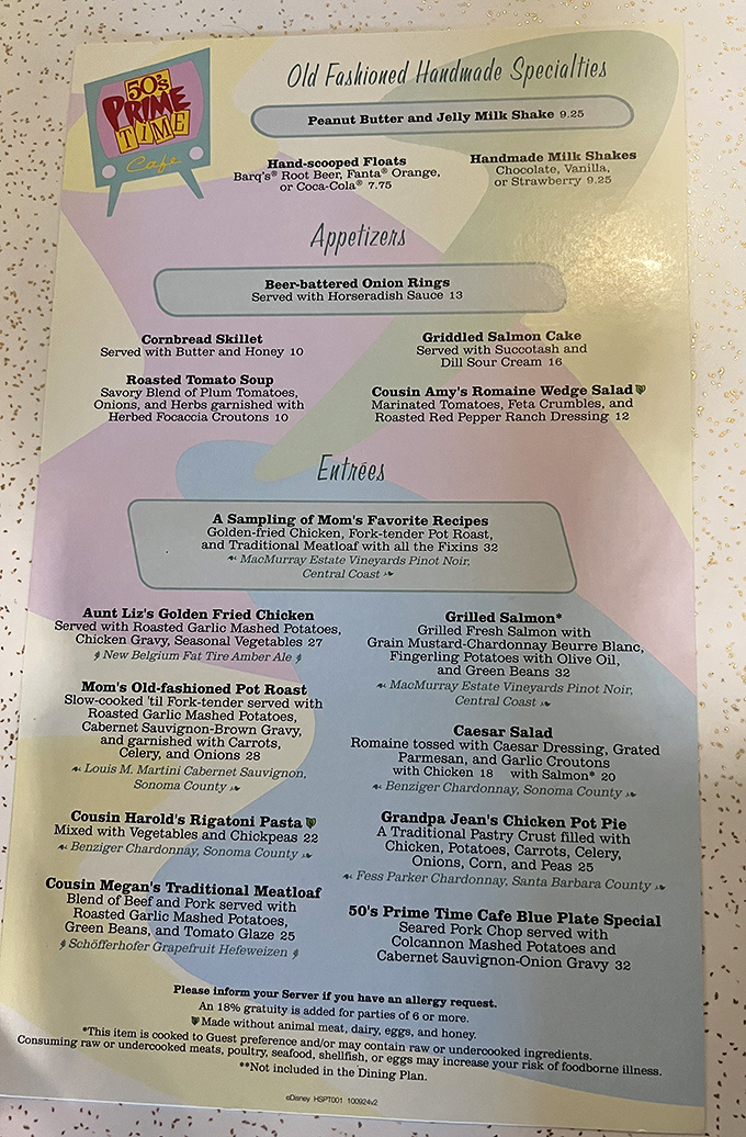 This menu isn't just food—it's a time machine. "Mom's Old-fashioned Pot Roast" isn't just a dish; it's the taste of Sunday dinners before smartphones ruined conversation.