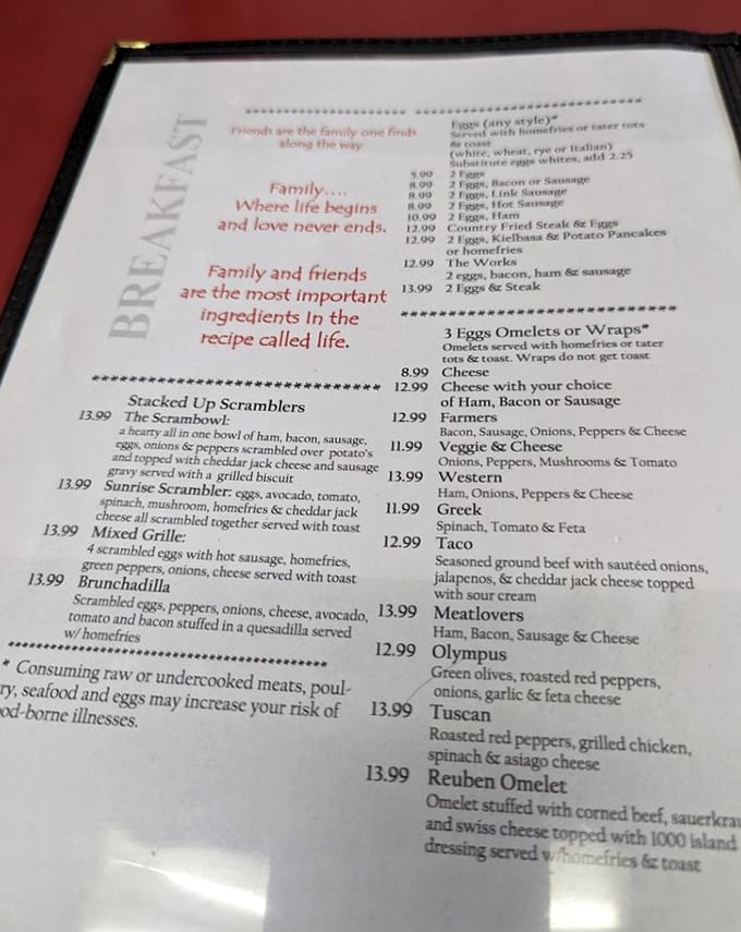 A menu that speaks from the heart with "Family... where life begins and love never ends." These aren't just words—they're the restaurant's entire philosophy.