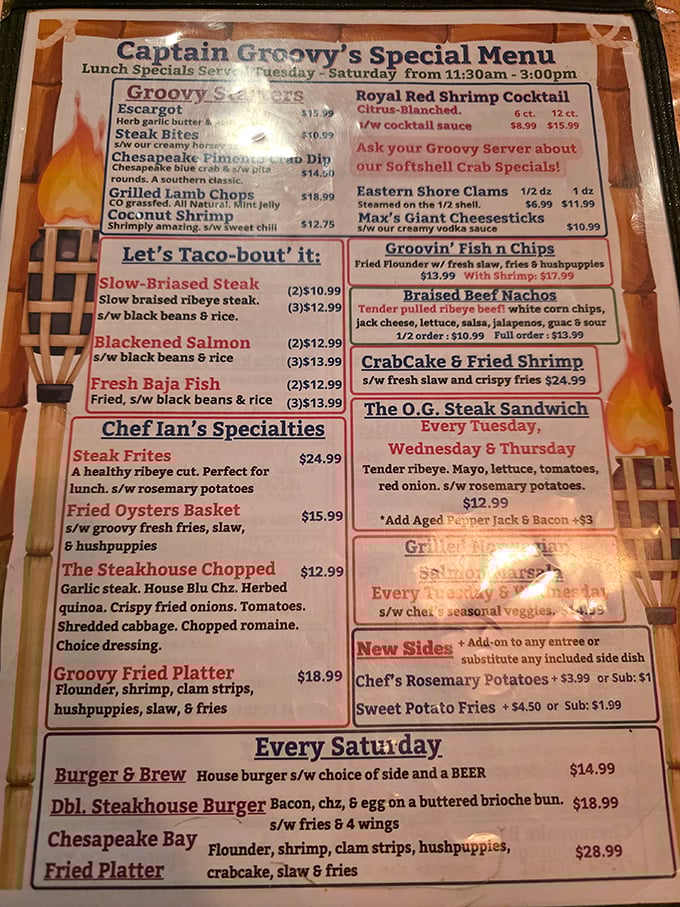 The menu reads like a love letter to the Chesapeake Bay. "Let's Taco-bout it" isn't just cute wordplay—it's a legitimate life decision you'll need to make.