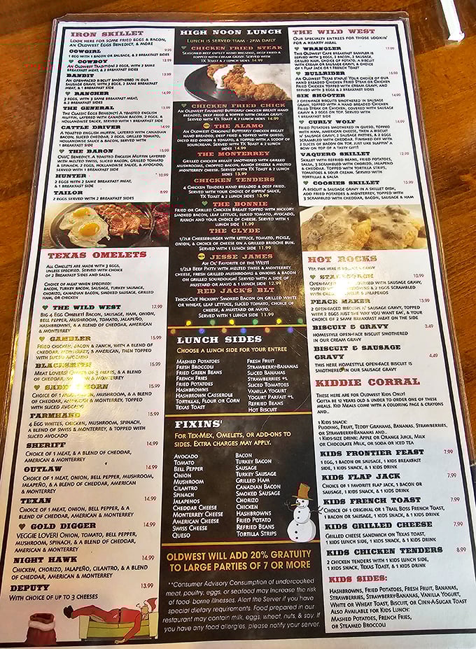 The menu reads like a love letter to comfort food—extensive without being overwhelming, with clever names that hint at the Texas-sized flavors awaiting you.