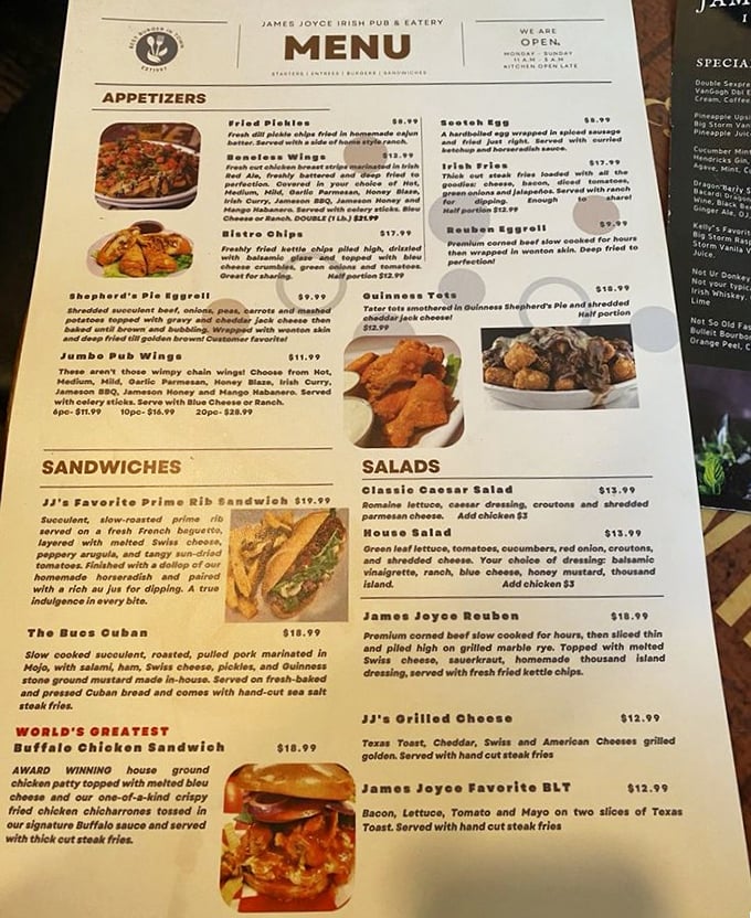 The menu reads like a love letter to Irish comfort food, with creative twists that would make both traditionalists and adventurers smile.