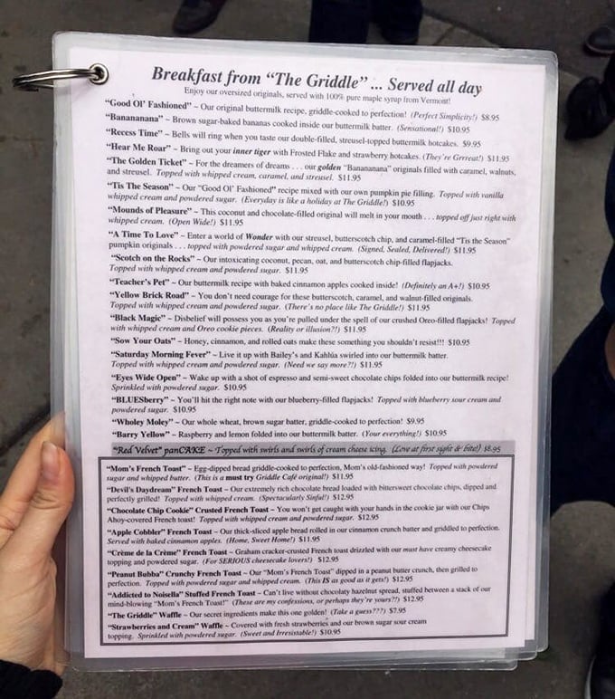 This isn't just a menu—it's a manifesto of morning decadence. Reading it feels like being a kid with unlimited allowance in a candy store.