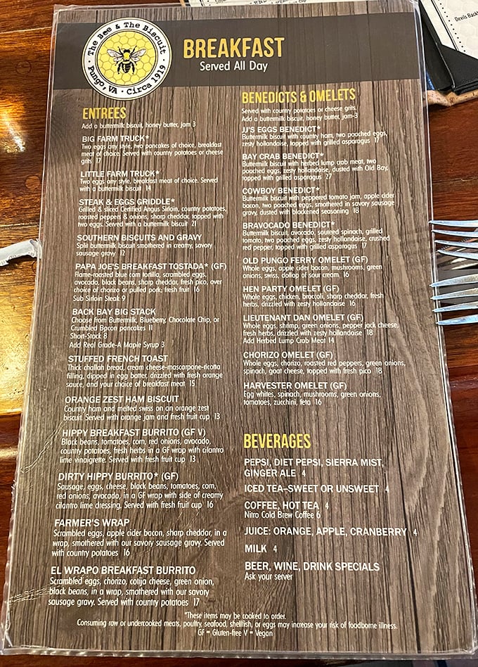 This isn't just a menu – it's a roadmap to breakfast nirvana. The Dirty Hippy Burrito alone is worth the trip.