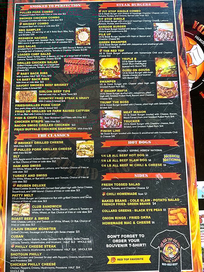 This menu isn't just a list of food - it's a roadmap to happiness. The "Swamp Mafia" burger alone deserves its own ZIP code.
