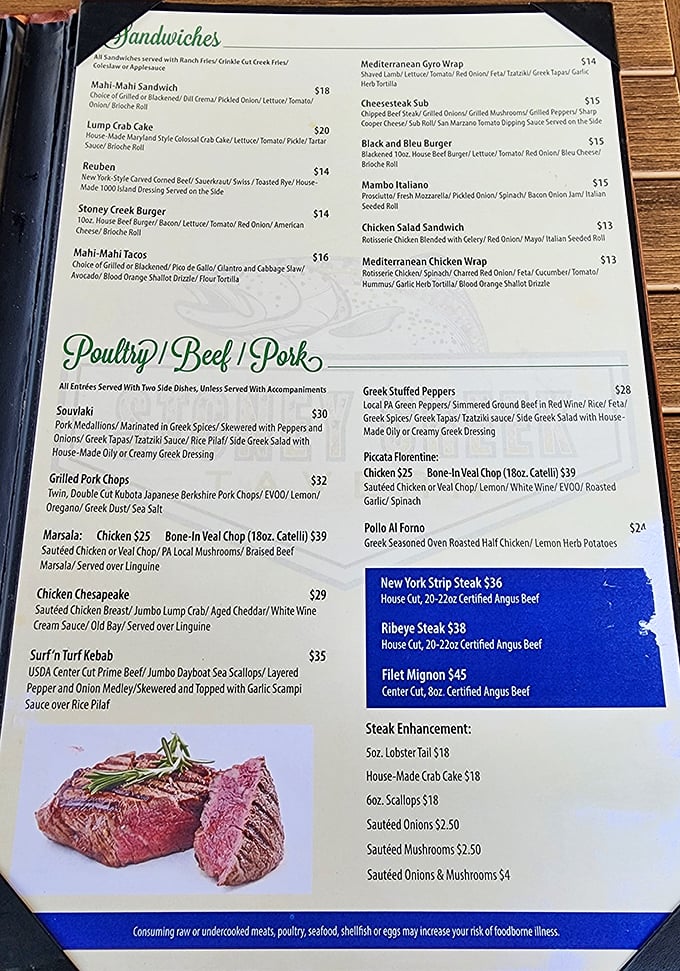 A menu that reads like a love letter to both Mediterranean and American comfort classics. The Surf 'n Turf Kebab alone is worth the drive.