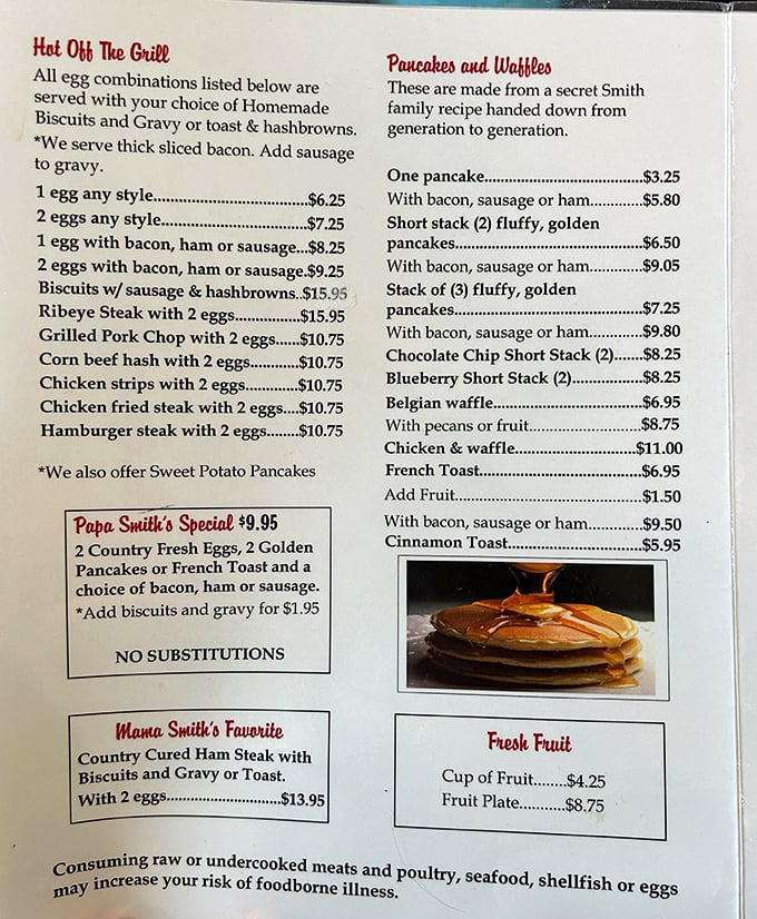 This menu isn't trying to reinvent breakfast—it's perfecting it. Note the "secret Smith family recipe" pancakes that have stood the test of time.