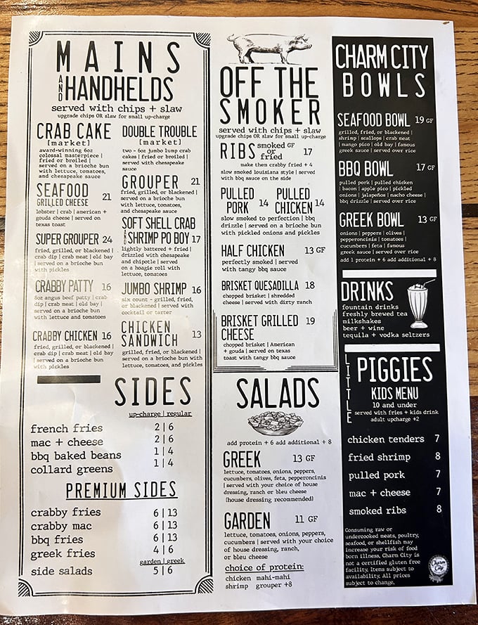 This menu isn't just a list—it's a roadmap to happiness. "Crabby Patty" isn't just clever wordplay; it's your next food obsession waiting to happen.