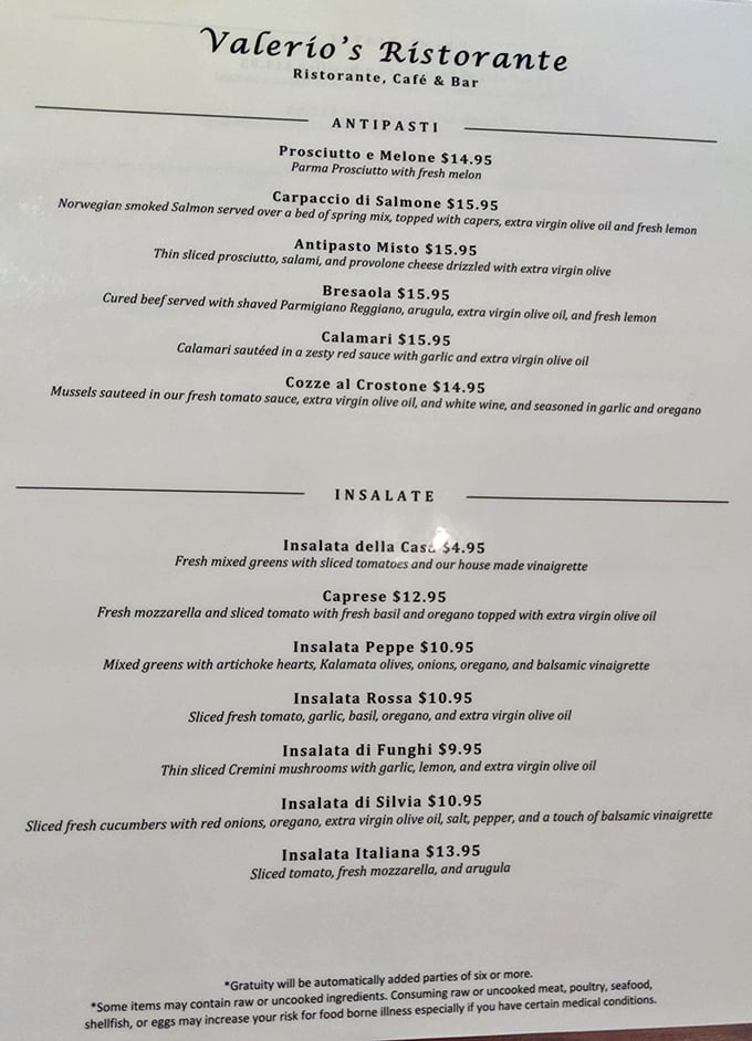 The menu reads like a love letter to Italian cuisine—restrained, confident, and promising the kind of meal that makes you cancel tomorrow's plans.