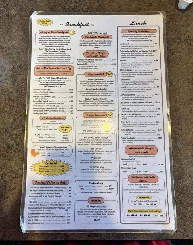 This menu isn't just reading material—it's a roadmap to happiness. The "Hungry Man Breakfast" isn't a challenge, it's a lifestyle choice.
