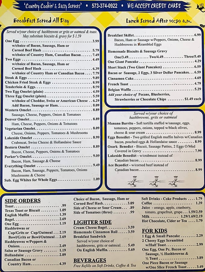 The menu reads like a love letter to Midwest comfort food – breakfast all day because pancake cravings don't follow clocks.