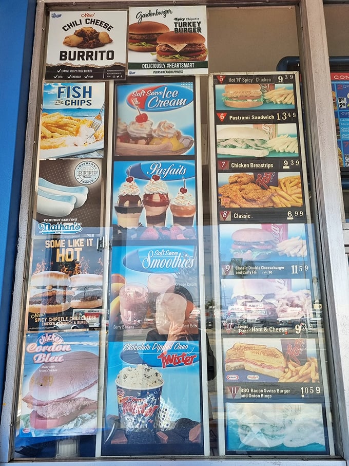 Menu poetry in fast food form. Each colorful panel offers a different path to bliss, from burgers to parfaits.
