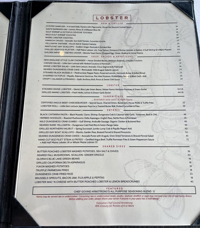 This menu isn't just a list—it's a maritime treasure map. From oyster samplers to butter-poached lobster mashed potatoes, the hardest part is choosing. 