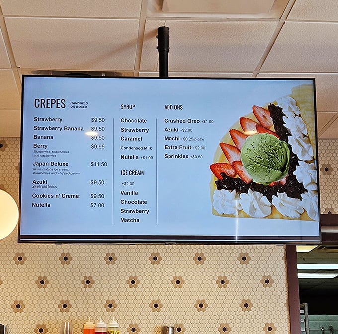 The crepe menu reads like a dessert fantasy novel – each option more tempting than the last, with matcha playing a starring role.