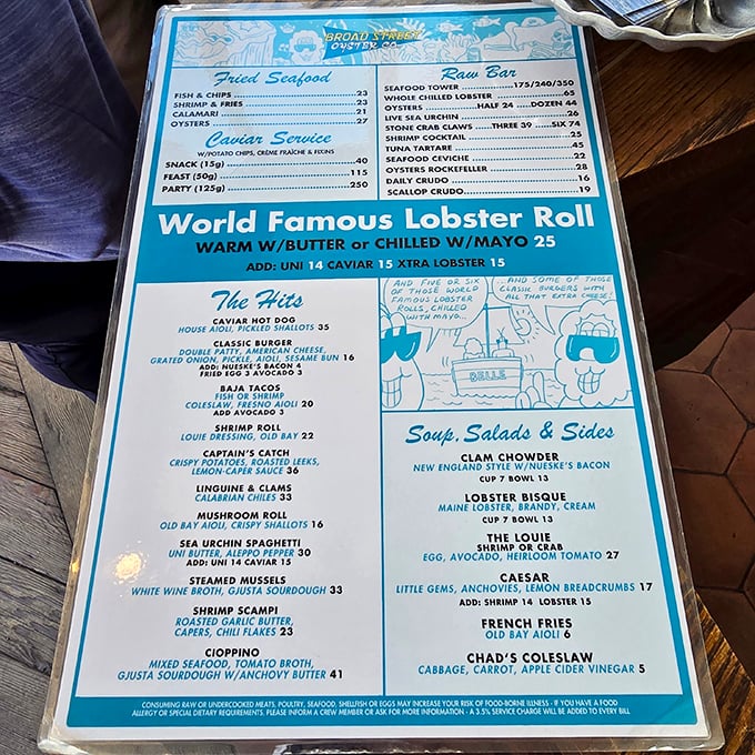 The menu reads like a love letter to the ocean, with the "World Famous Lobster Roll" taking center stage—a siren song for seafood lovers from coast to coast.