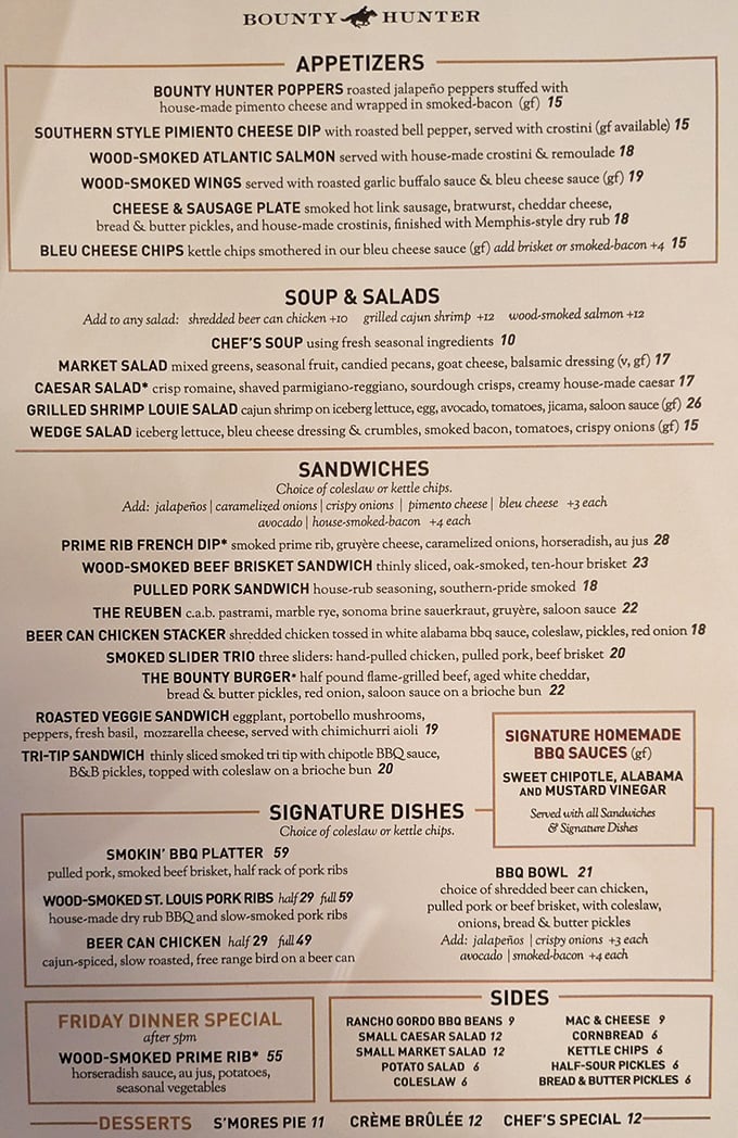 This menu isn't just a list—it's a treasure map where X marks the spot for BBQ nirvana and wine country bliss.