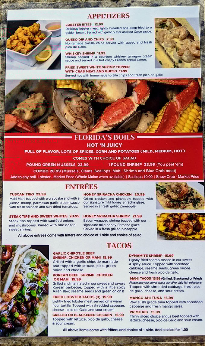 A menu that doesn't just list food – it presents life choices. The "Florida's Boils" section is basically a treasure map for your taste buds.