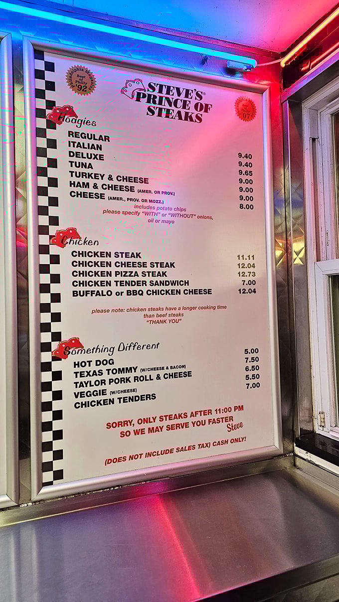 The menu board tells a simple story: no frills, no gimmicks, just Philadelphia's beloved sandwiches executed with precision and respect.