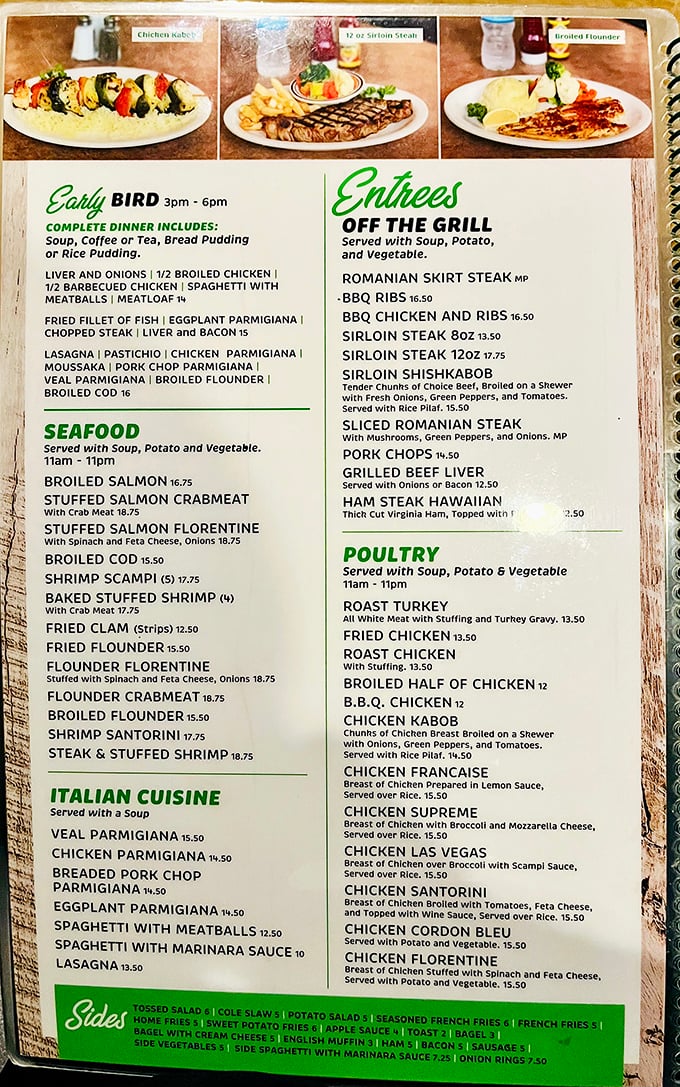 The menu reads like a delicious novel with multiple genres—from Early Bird specials to Romanian skirt steak, there's a culinary adventure on every page.