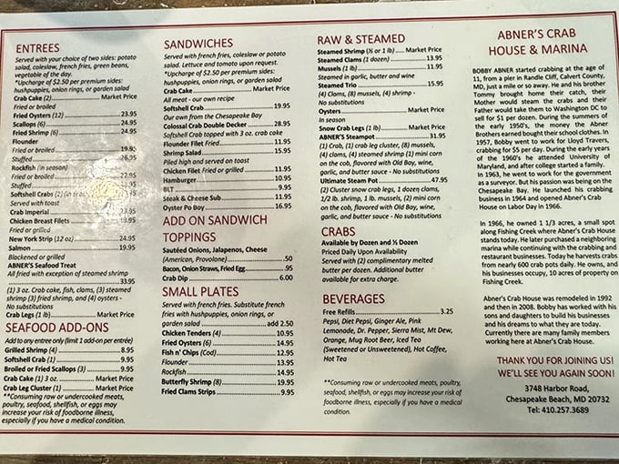 This menu isn't just a list of dishes—it's a roadmap to seafood nirvana, with each item promising a different path to Chesapeake Bay bliss.
