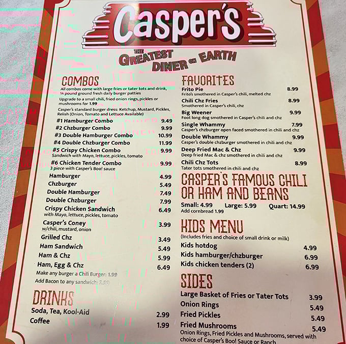 The menu proudly proclaims Casper's as "The Greatest Diner on Earth"—a claim that seems less hyperbolic with every bite of their legendary chili creations.