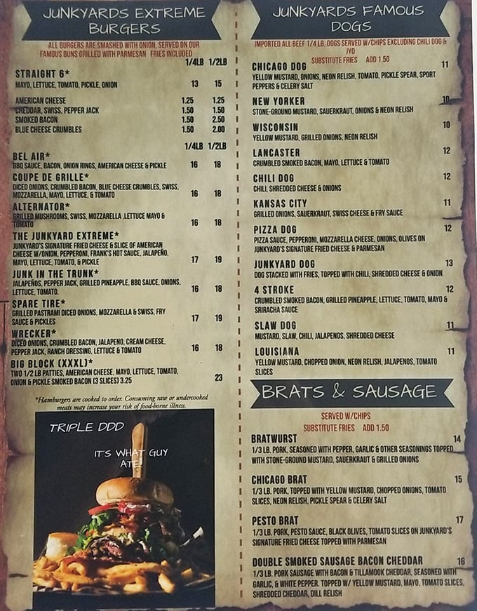 This menu isn't just a list – it's a roadmap to burger nirvana with automotive-themed creations that'll have your stomach revving.