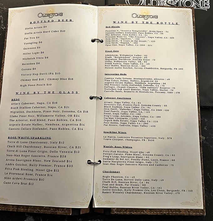 A wine list that reads like a global passport. From Napa to Burgundy, your taste buds can travel even if your body stays firmly in Pennsylvania.