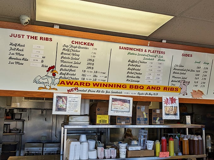 The menu board tells the whole delicious story—from "Just the Ribs" to award-winning pulled pork that lives up to its billing.