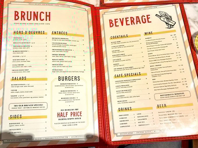 The menu doesn't just list food—it tells stories of cultural courtship between French classics and American favorites that ended in delicious matrimony.