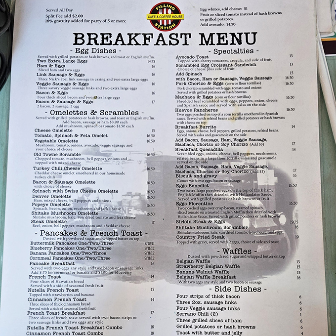 The breakfast menu reads like a love letter to morning indulgence. Choosing just one item might be the hardest decision of your day.